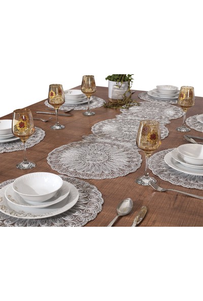 Tropik Home Amerikan Servis Supla ve Runner Seti 6 Kişilik Set Nakışlı Venezia Parlak Gri 7 Parça Çeyizlik Masa ve Sunum Takımı