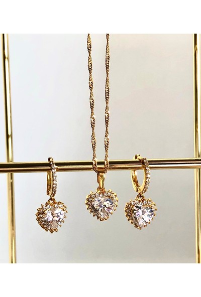 Soiestore Zirkon Kalpli Altın Kaplama Kolye Küpe Set Beyaz