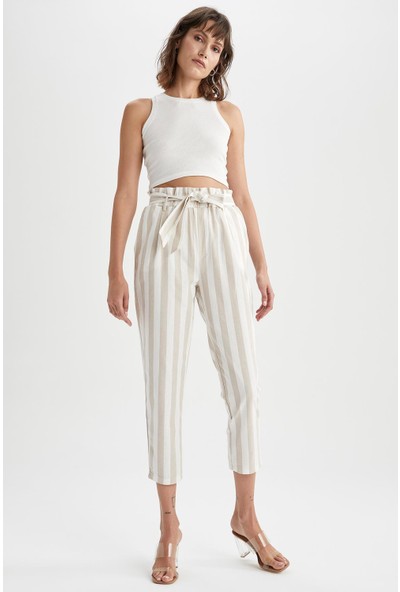 Defacto Çizgili Paper Bag Yüksek Bel Kuşaklı Keten Pantolon U7695AZ21SM Defacto Çizgili Paper Bag Yüksek Bel Kuşaklı Keten Pantolon U7695AZ21SM