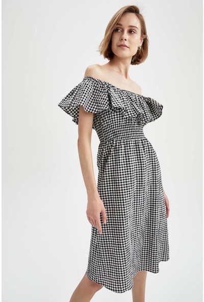 DeFacto Pötikareli Volan Detaylı Carmen Yaka Mini Elbise U8714AZ21SM