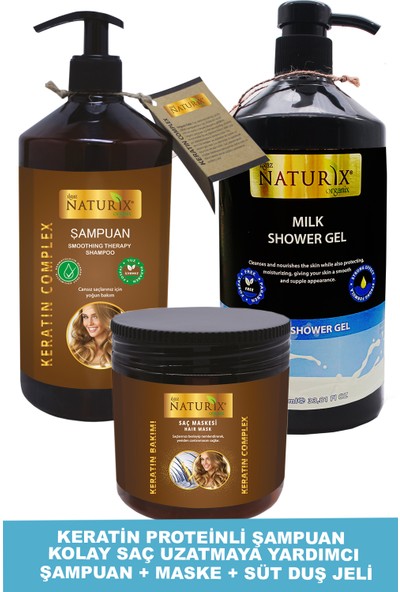 Naturix Yıpranmış Saçlara Keratin Bakım Şampuan 600 ml + 500 ml Keratin Maskesi + 1000 ml Sütlü Duş Jeli Naturix Yıpranmış Saçlara Keratin Bakım Şampuan 600 ml + 500 ml Keratin Maskesi + 1000 ml Sütlü Duş Jeli