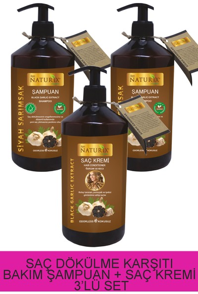 Naturix Siyah Sarımsak Şampuan 2 Adet 600 ml + Saç Dökülme Karşıtı Saç Kremi 500 ml Bakım Seti Naturix Siyah Sarımsak Şampuan 2 Adet 600 ml + Saç Dökülme Karşıtı Saç Kremi 500 ml Bakım Seti