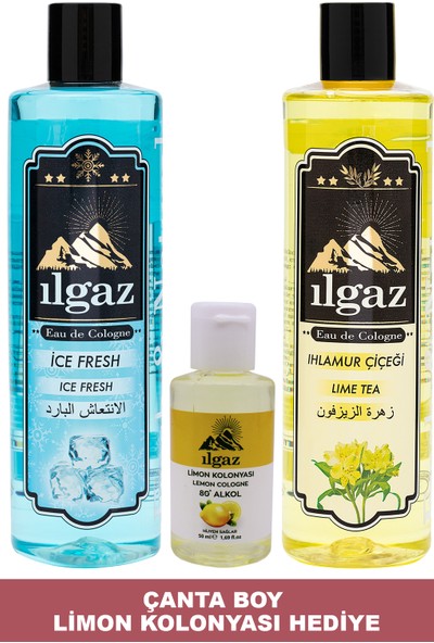 Ilgaz Elit 400 ml Ihlamur Çiçeği Kolonyası + 400 ml Ice Fresh Kolonyası + Cep Limon Kolonyası Ilgaz Elit 400 ml Ihlamur Çiçeği Kolonyası + 400 ml Ice Fresh Kolonyası + Cep Limon Kolonyası