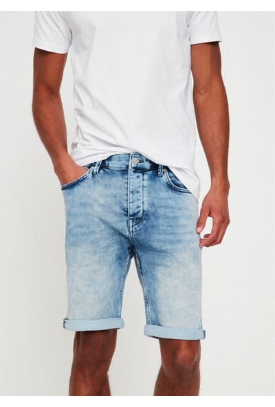Likralı Soft Kumaş Jean Şort Mavi Açık