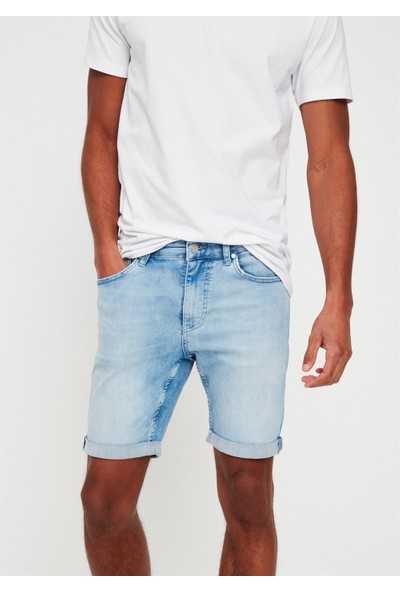 Likralı Soft Kumaş Jean Şort Mavi Açık