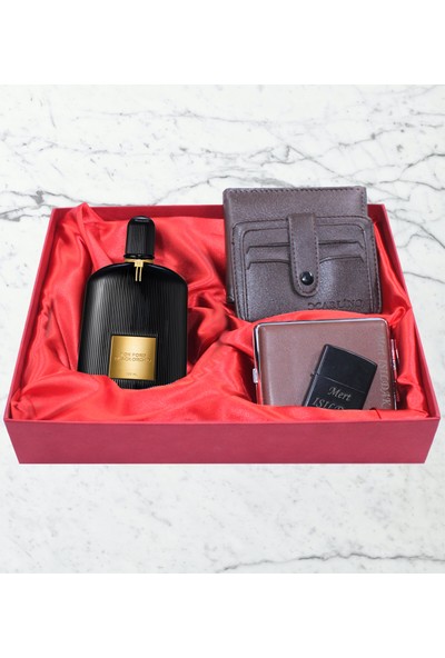 Delfino Hediyelik Sevdiklerinize Özel Tom Ford Parfüm & Zippo Çakmak & Kişiselleştirilebilir Cüzdan - Kartlık, ve Sigara Tablası Kutulu Hediye Seti-Kahverengi