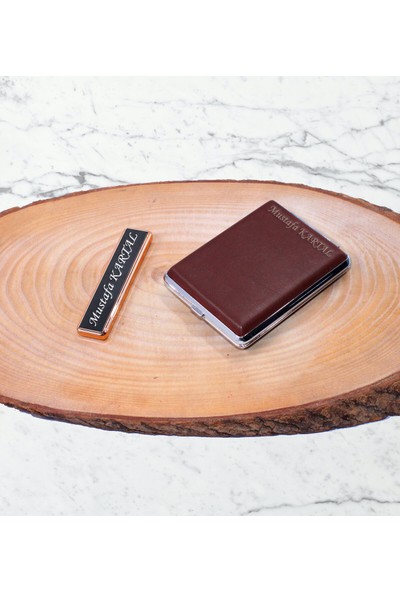 Delfino Hediyelik Sevdiklerinize Özel Kişiselleştirilebilir Sigara Tablası ve USB Şarzlı Çakmak Hediye Seti-Kahverengi