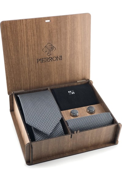 Pierroni Gri Kravat Mendil Kol Düğmesi Çorap Özel Set