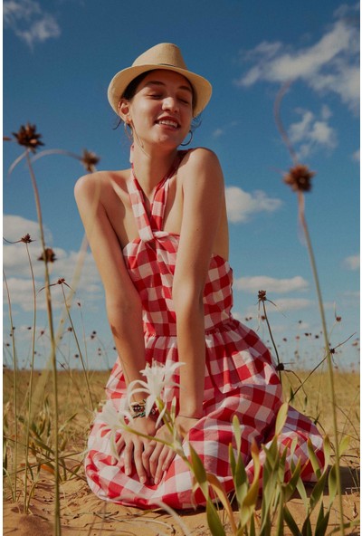 Defacto Boyundan Bağlama Detaylı Kareli Midi Elbise S4864AZ20HS