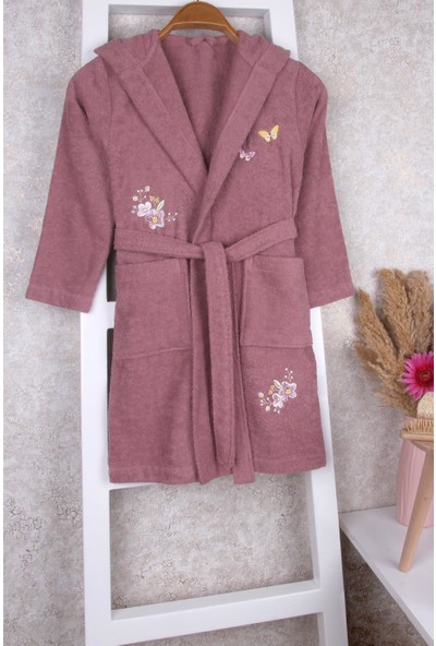 Baveno Pamuk Kapüşonlu Nakışlı Kız Çocuk Bornoz