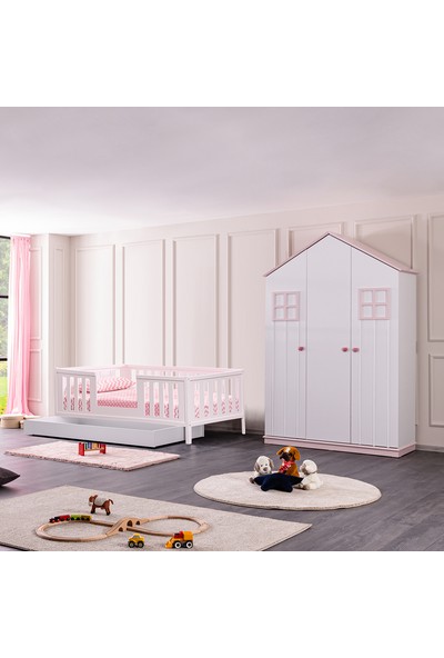 Setay Montessori Çocuk Odası, Berlin Yavrulu Montessori Çocuk Odası Takımı - Pembe (Karyola + Dolap)