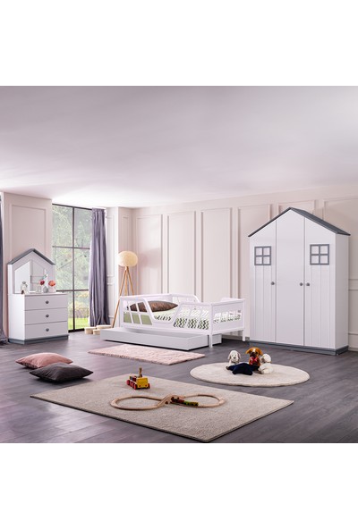 Setay Montessori Çocuk Odası, Viva Yavrulu Montessori Çocuk Odası Takımı - Beyaz, Karyola + Dolap + Şifonyer