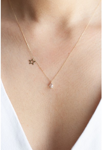 Uşaklıhafız Kuyumculuk 14 Ayar Altın Beyaz Taşlı Yıldız Figürlü Kolye (45 Cm)