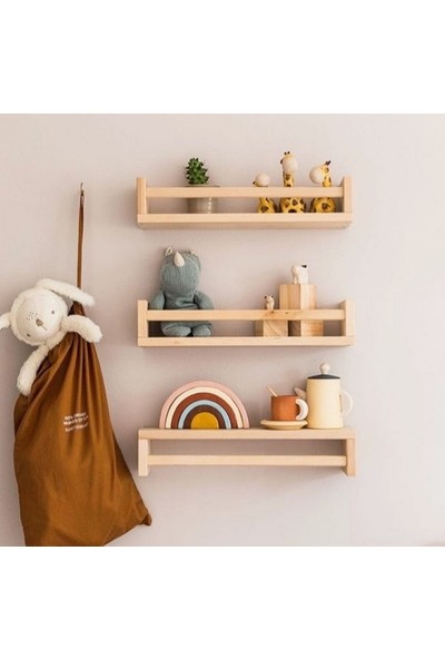 Babyroomstore Montessori Kitaplık Çocuk Bebek Odası Rafı Ahşap Kitaplık Askılık 60CM 3lü Ters Düz Raf