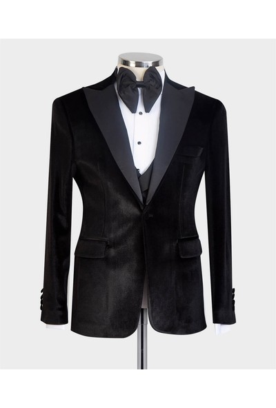 Maserto Slim Fit Siyah Smokin Kadife Desenli