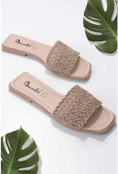 Bambi Vizon Örgü Kadın Terlik K04956126016