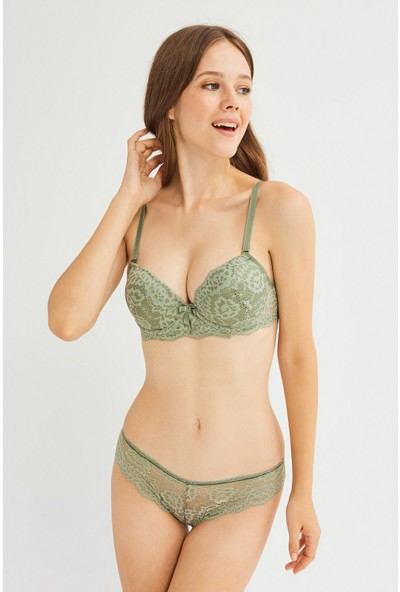 Cansoy Dantelli Destekli Haki Sütyen Takımı