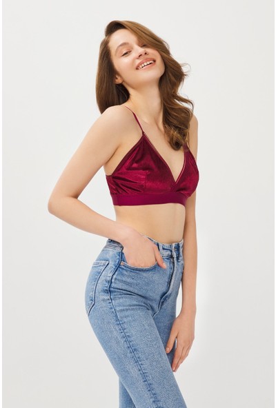 Cansoy Kadife Bralet Transparan Bordo Sütyen Takımı