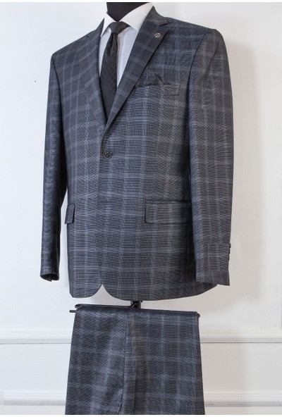 MHZ Y181-0159 Füme Ekoseli 4drop Klasik Yeleksiz Takım Elbise