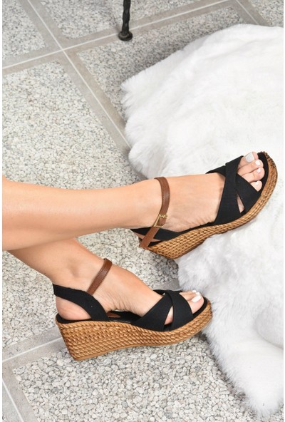 Fox Shoes Siyah Keten Kadın Dolgu Topuklu Ayakkabı K674192105