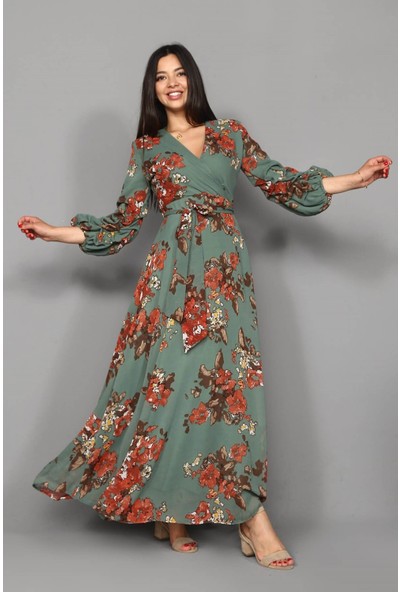 Selectviva Yeşil Çiçekli Uzun Büyük Beden Şifon Elbise