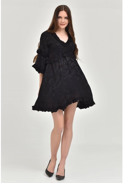 Selectviva Siyah Fırfırlı Saten Elbise