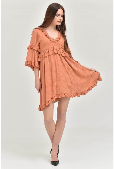 Selectviva Kiremit Fırfırlı Saten Elbise