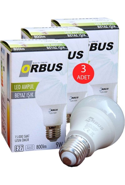 Orbus ORB-9W E27 3'lü LED Ampul Beyaz Işık