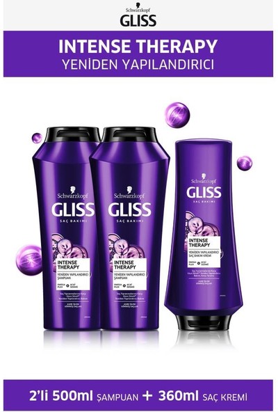Gliss Intense Therapy Şampuan 500 ml x 2 Adet + Saç Kremi 360 ml Gliss Intense Therapy Şampuan 500 ml x 2 Adet + Saç Kremi 360 ml