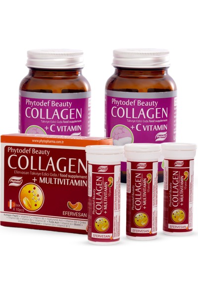 Phytodef Collagen + Multivitamin - 30 Efervesan Tablet 1 Adet ve Collagen + Vitamin C - 30 Tablet 2 Adet Phytodef Collagen + Multivitamin - 30 Efervesan Tablet 1 Adet ve Collagen + Vitamin C - 30 Tablet 2 Adet