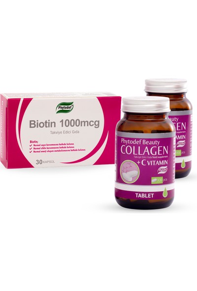 Phytodef Collagen + Vitamin C - 30 Tablet 2 Adet ve Biotin 1000MCG - 30 Kapsül 1 Adet Phytodef Collagen + Vitamin C - 30 Tablet 2 Adet ve Biotin 1000MCG - 30 Kapsül 1 Adet