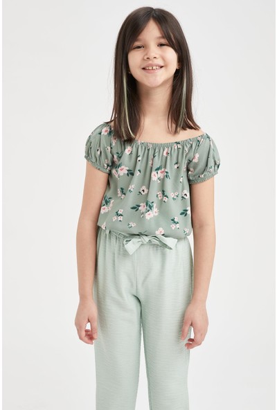 Defacto Kız Çocuk Çiçek Desenli Kısa Kollu Crop  Bluz T4313A621SM