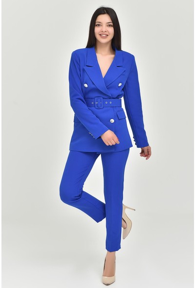 Selectviva Saks Kemerli Siyah Kemerli Büyük Beden Ceket Pantolon Takım Ceket Pantolon Takım