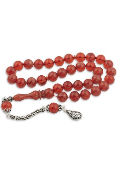 Gumush Gümüş Püskül Mercan Rengi Küre Sıkma Kehribar Tesbih