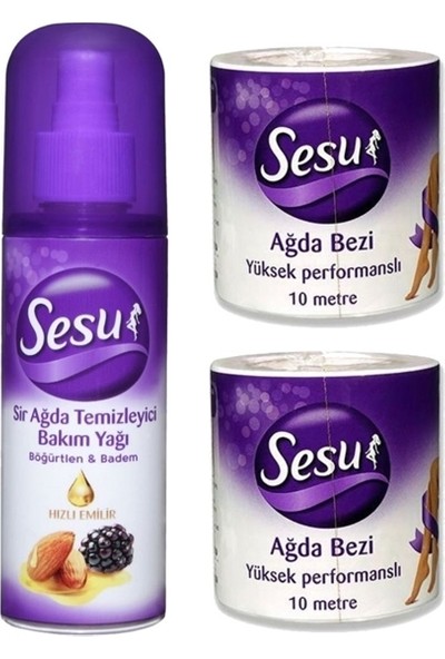 Sesu Sir Ağda Temizleyici Bakım Yağı Böğürtlen & Badem 150ML + Ağda Bezi 2X10MT Sesu Sir Ağda Temizleyici Bakım Yağı Böğürtlen & Badem 150ML + Ağda Bezi 2X10MT