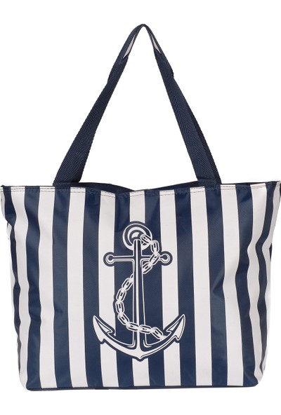 Zigga 05082 Lacivert Beyaz Büyük Boy Kadın Plaj Çantası