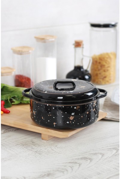 Acar Vanessa Porselen Benek Desen Yuvarlak Tencere - Siyah