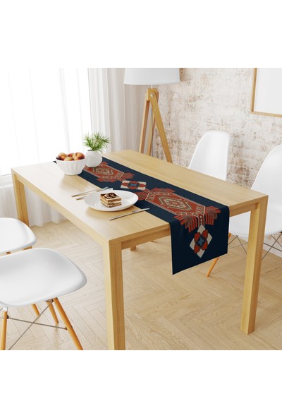 Luce Vita Home Kiremit Rengi ve Lacivert Kilim Desenli 144 x 44 cm Runner & Masa Örtüsü Luce Vita Home Kiremit Rengi ve Lacivert Kilim Desenli 144 x 44 cm Runner & Masa Örtüsü