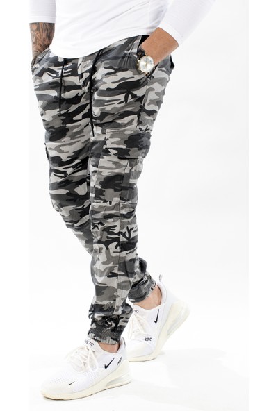 Deepsea Siyah-Gri Paçası ve Beli Lastikli Kamuflaj Kargo Pantolon 1601569