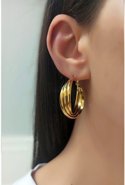 ÇLK Accessories Çelik Üç Sıra Halka Çelik Küpe