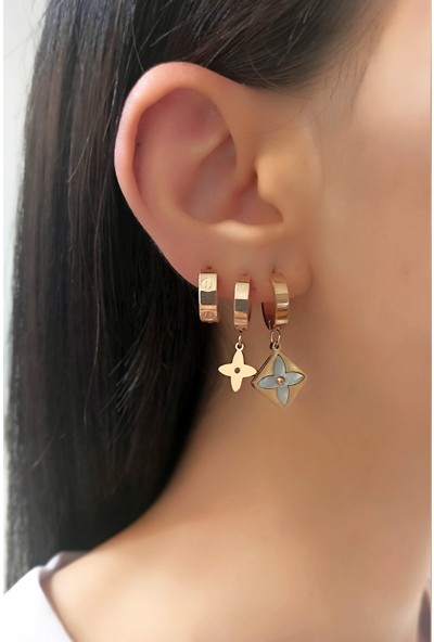 ÇLK Accessories Çelik 3'lü Mineli Yonca Figür Küpe