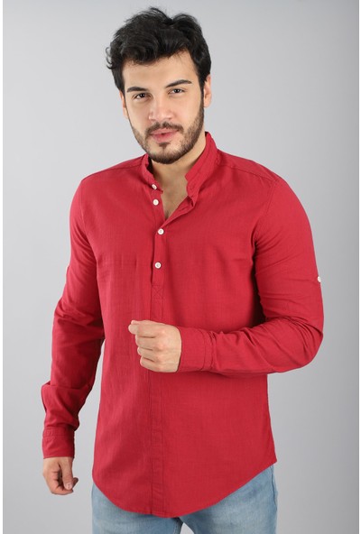 Arlin Erkek Yarım Patlı Hakim Yaka Uzun Kollu Slim Fit Bordo Gömlek Arlin Erkek Yarım Patlı Hakim Yaka Uzun Kollu Slim Fit Bordo Gömlek