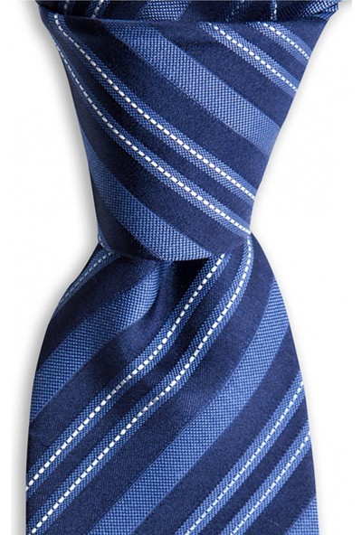 1001 Kravat Lacivert Çizgili 7,5 cm Genişliğinde Ipek Kravat