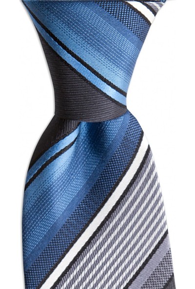 1001 Kravat Mavi Çizgili 7,5 cm Genişliğinde Ipek Kravat