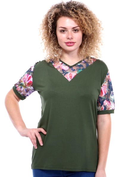 Siyezen Büyük Beden Haki V Yaka Tül Çiçek Detaylı Bluz