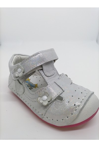 Rüzgar Ege Sky Luna Ilk Adım Simli Beyaz %100 Deri Ortapedik Kız Bebek Sandalet Yürüyüş Ayakkabısı