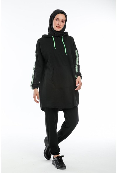 Cng Moda Oversize Model Siyah Fosforlu Tesettür Eşofman Takımı