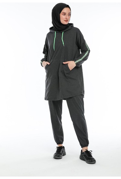 Cng Moda Oversize Model Siyah Fosforlu Tesettür Eşofman Takımı