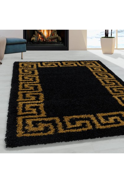 Ayyıldız Desenli Shaggy Halı Yumuşak Ornament Bordür Desen Siyah Gold Altın