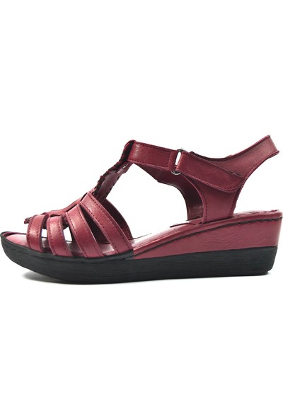 Beety 23201 Deri Bordo Dolgu Topuk Ortapedik Kadın Sandalet